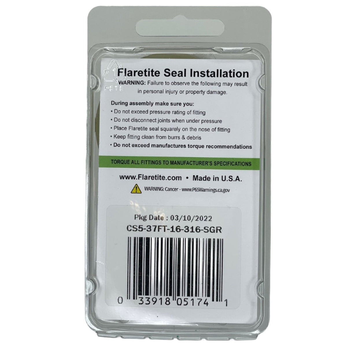 1" (-16) Clam Shell of 5 seals, 37° JIC 316 SS Loctite® Coated – Flaretite